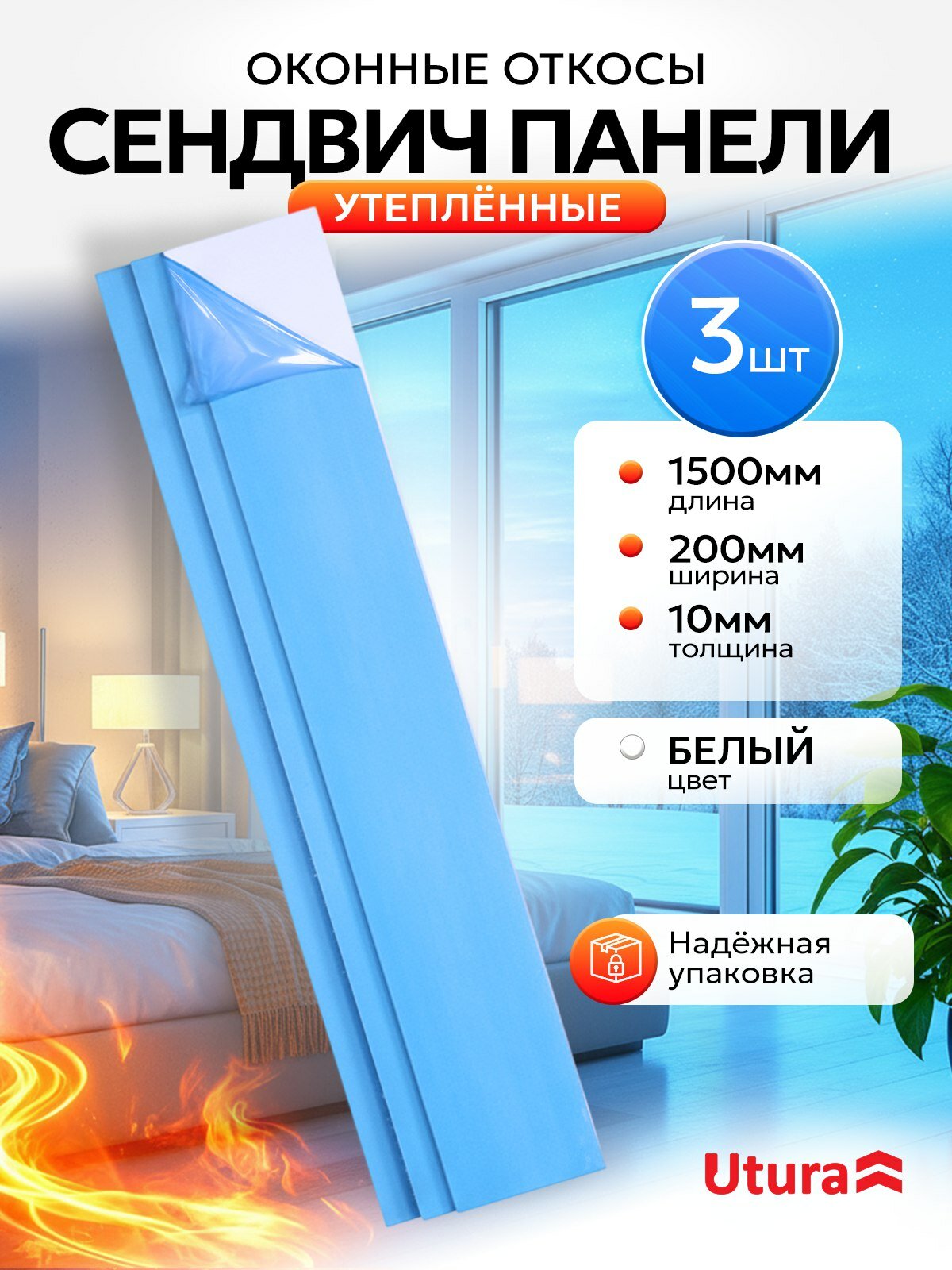 Откос оконный (Сендвич панель утепленная) для отделки пластиковых окон 3 штуки ПВХ 200х1500 мм