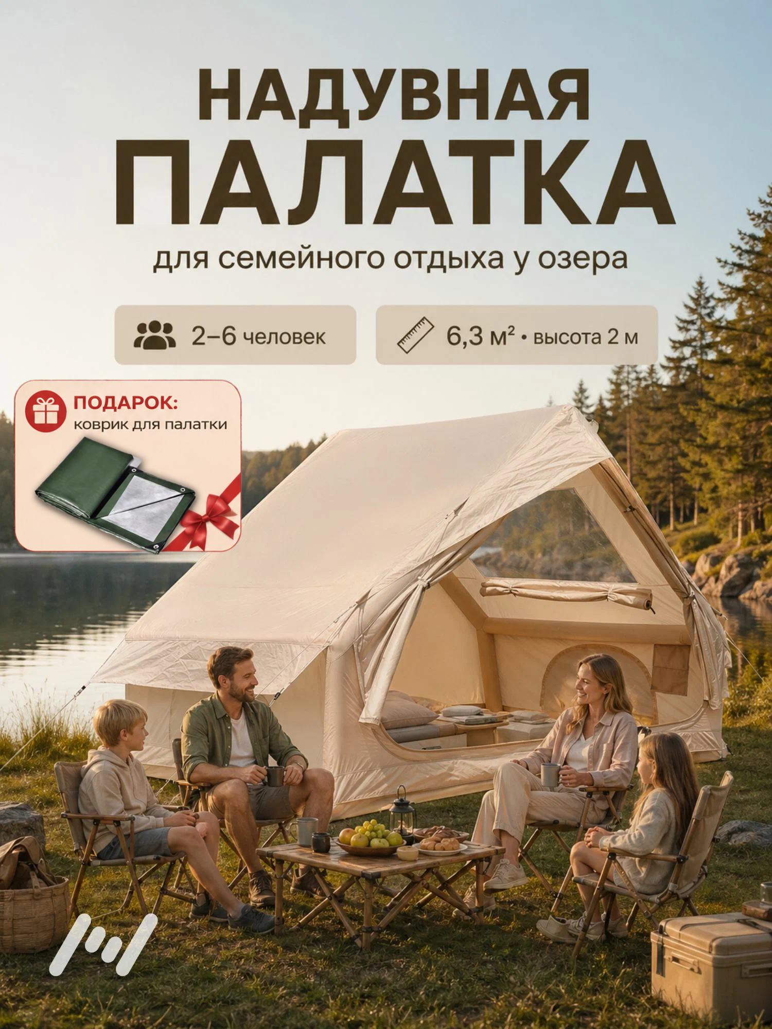 Кемпинговая палатка NthPower, для 6-ти человек, с окнами и дверьми, хаки