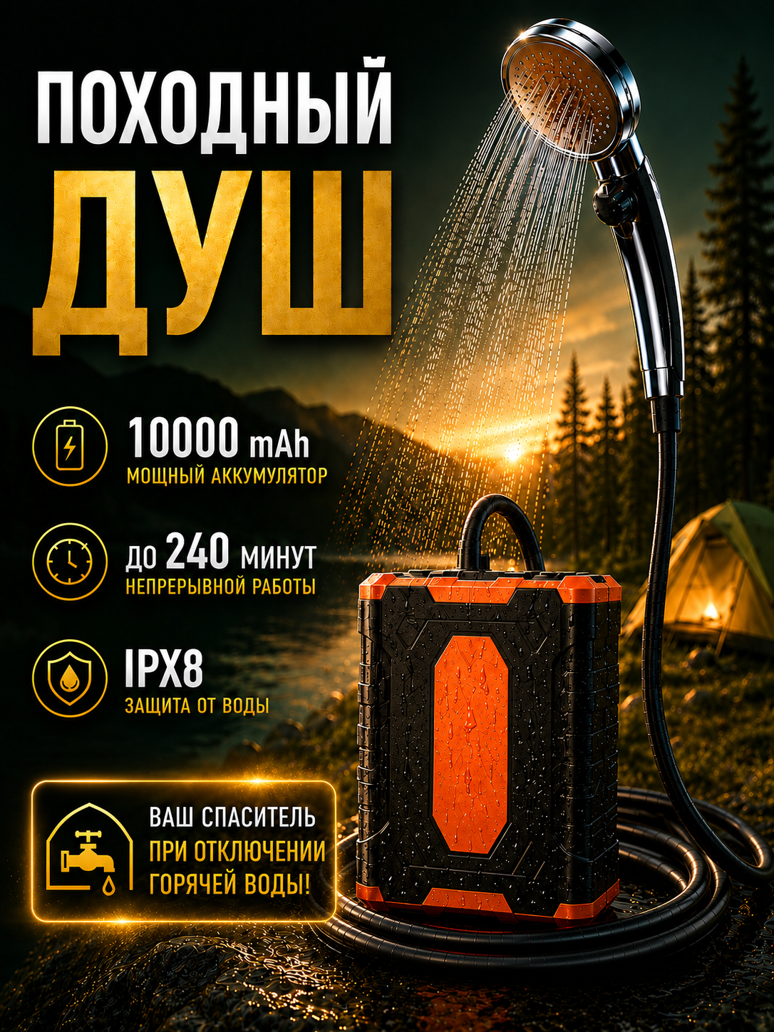 Походный душ портативный аккумуляторный 10000 mAh для дачи, кемпинга и отключения горячей воды