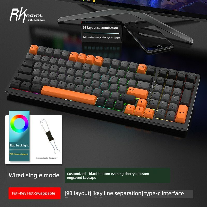 RK 98 100-Клавишная Механическая Клавиатура с Чайным Переключателем, Розовый Розовый, Светодиодная Подсветка RGB,