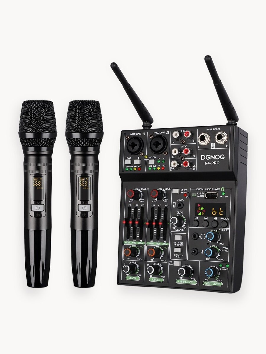 Беспроводной 4-канальный микшерный пульт караоке DGNOG R4-PRO микшер bluetooth 2 микрофона black
