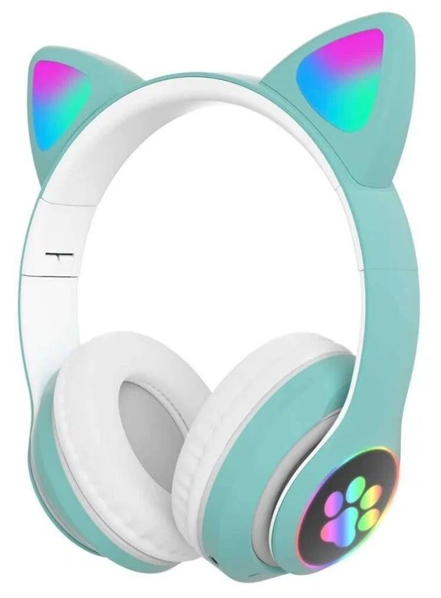 Беспроводные Bluetooth наушники бирюзовые с кошачьими светящимися ушками для детей и взрослых Cat Ear VZV-28M бирюзовый