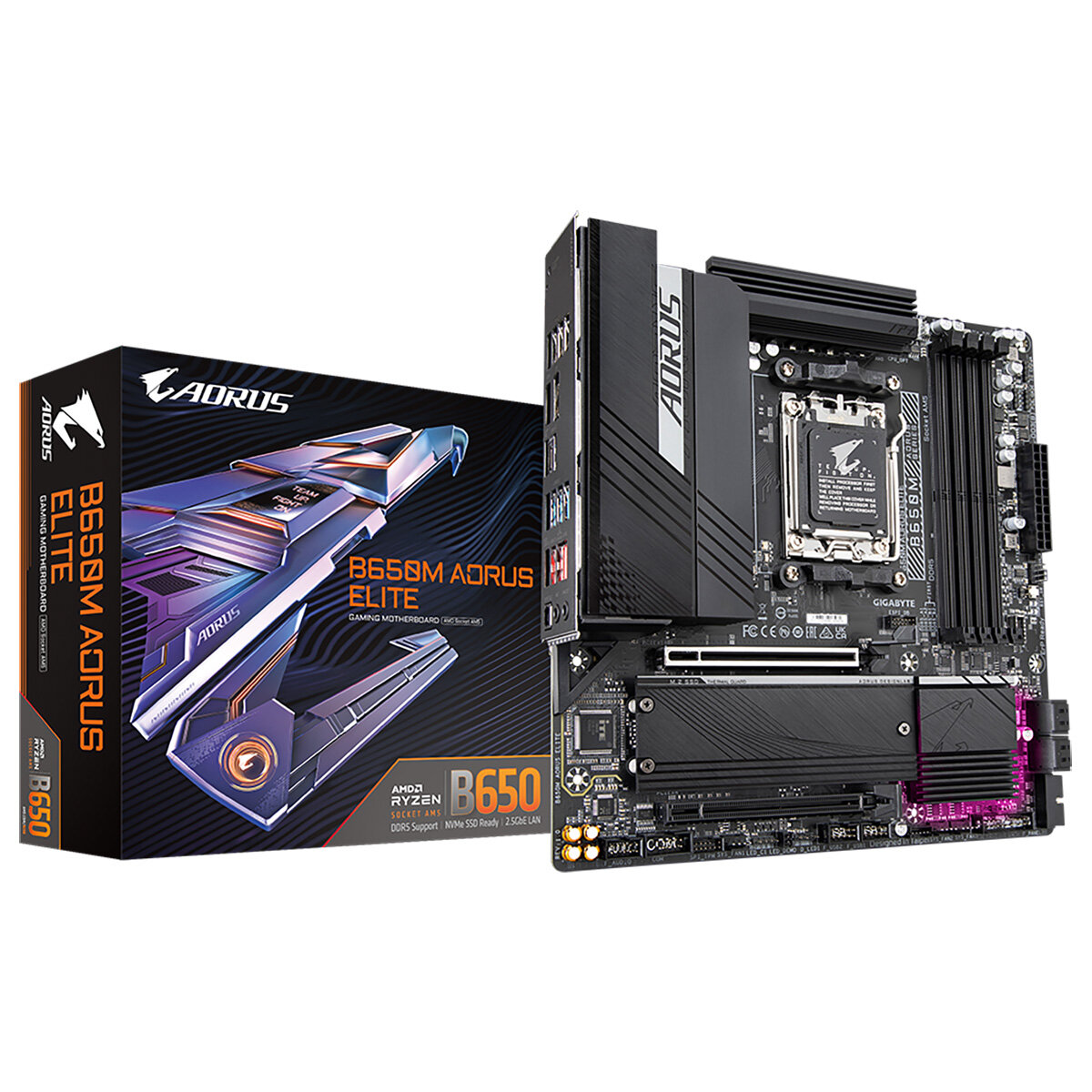 Материнская плата Gigabyte B650M AORUS ELITE, || Socket AM5, AMD B650, 4xDDR5-5200, HDMI+DP, 2xPCI-Ex16, 4xSATA3(RAID 0/1/10), 2xM.2, 8 Ch Audio, 2.5GLan, (4+4)xUSB2.0, (7+2)xUSB3.2, (1+1)xUSB3.2 Type-C™, mATX, RTL уц-2-3