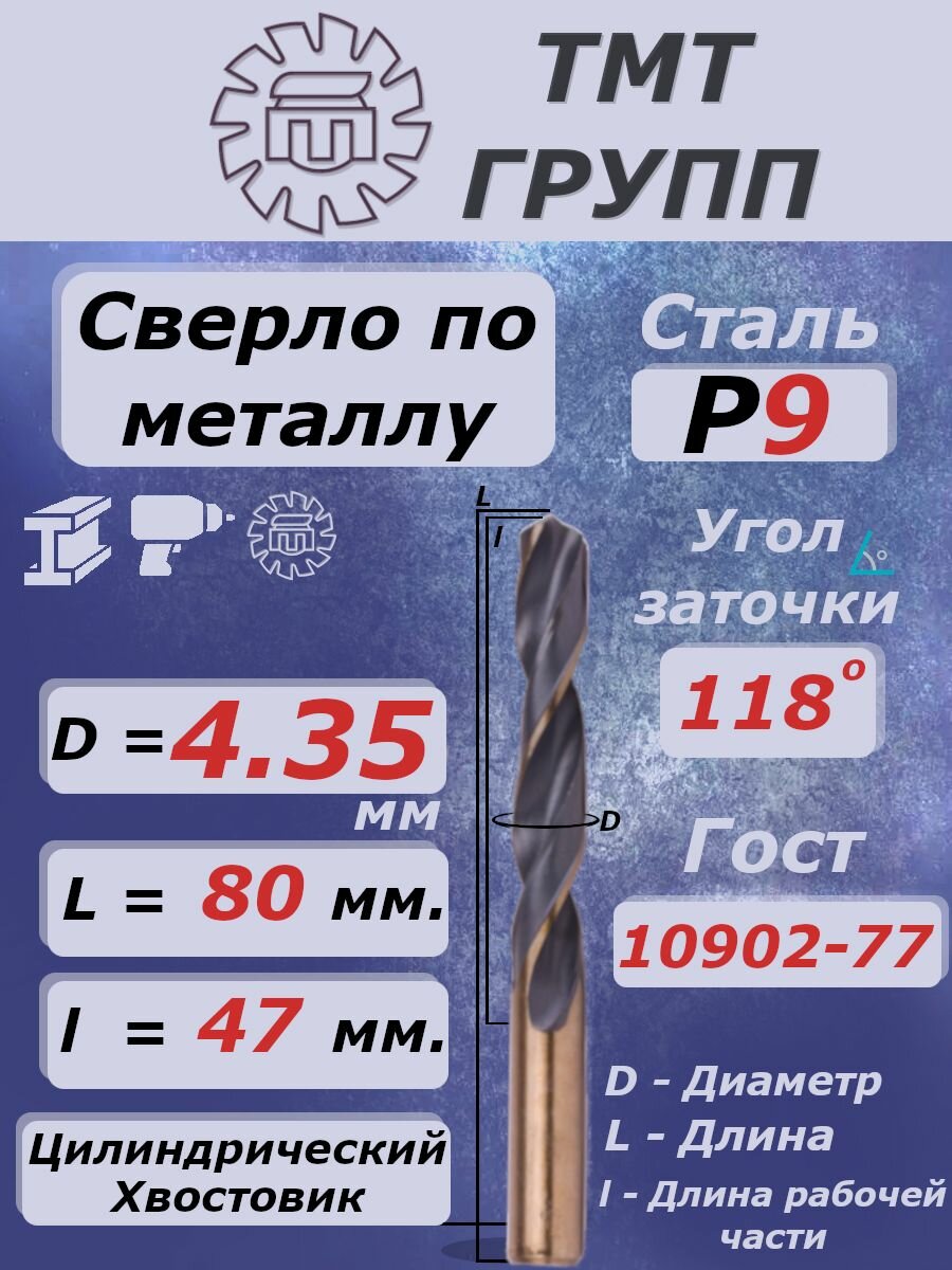 Сверло по металлу, цилиндрический хвостовик, ц/х, 4.35 Р9 ТМ*