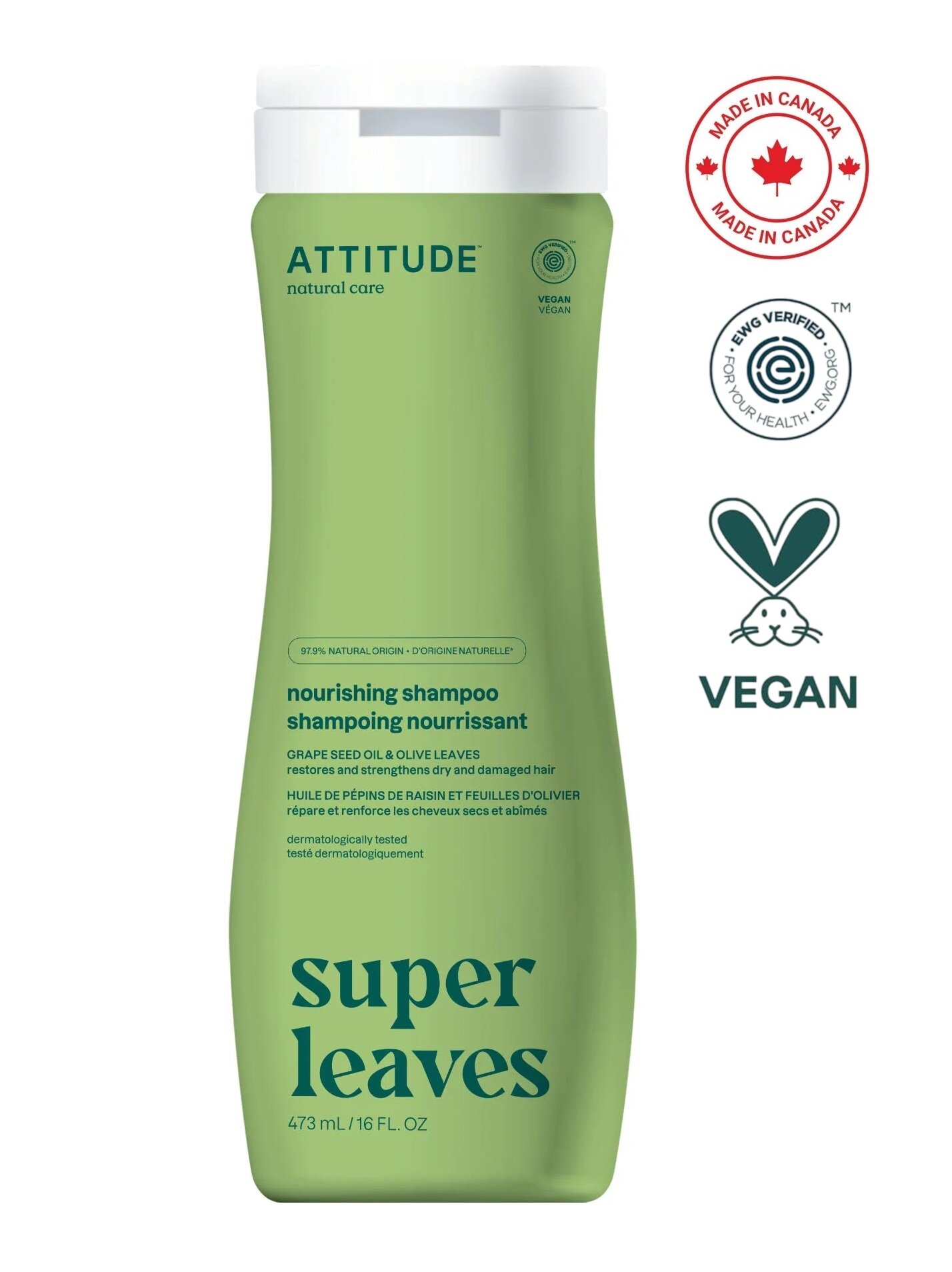 Шампунь ATTITUDE Nourishing для питания и восстановления (Масло косточки винограда и листья оливы), 473мл Канада