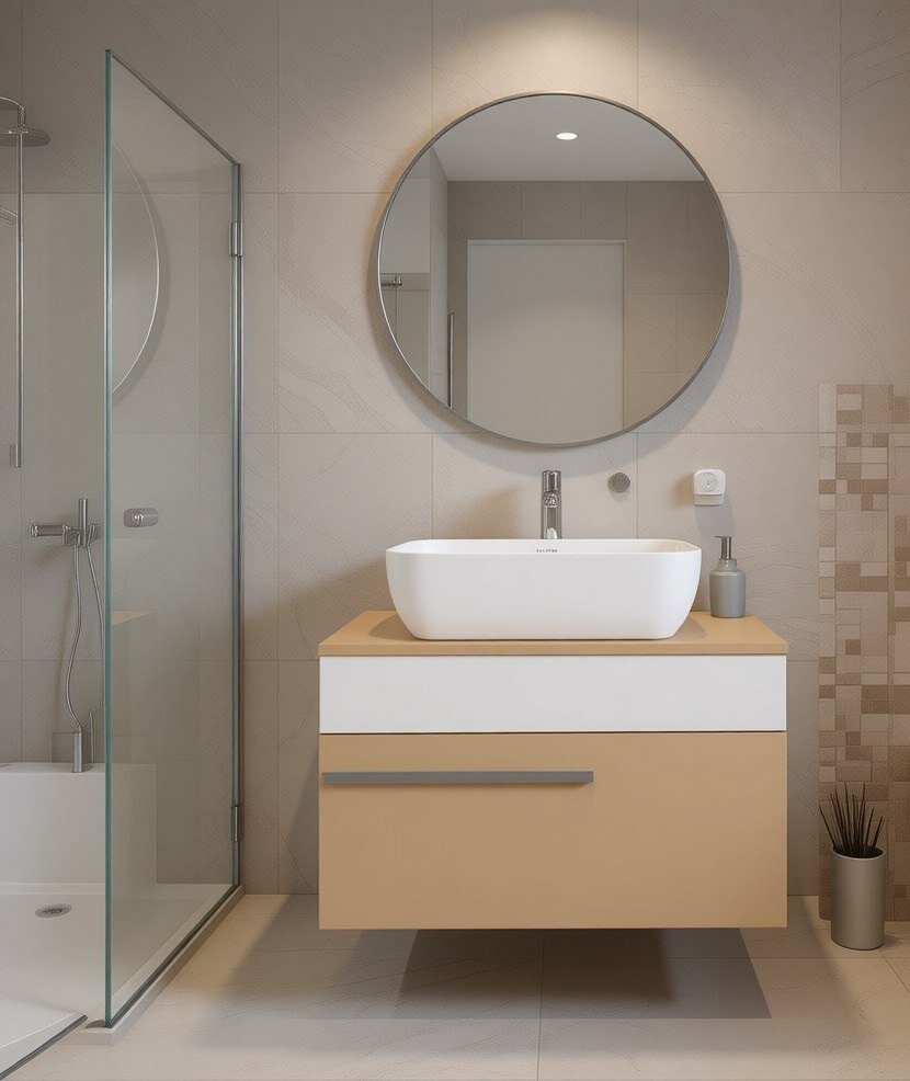 Мебель для ванной Вудлайн 65, белый-кремовый, раковина Квадра, зеркало Руан D65