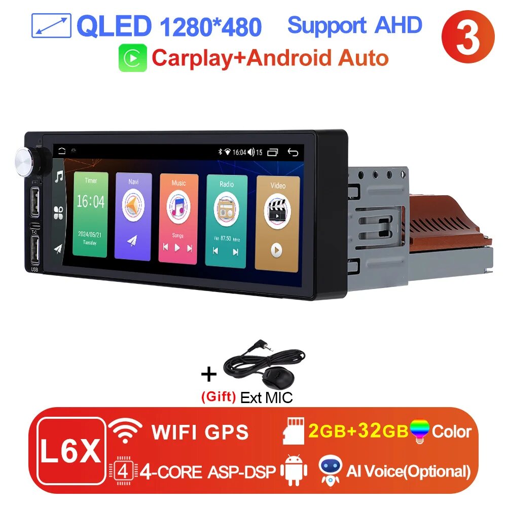 LEHX L6Pro 1 Din 6,9-дюймовый автомобильный Android-радио Мультимедиа Беспроводной Carplay авторадио Стерео GPS 1din dvd 4G LTE Сенсорный экран, L6X(2-32GB)-0