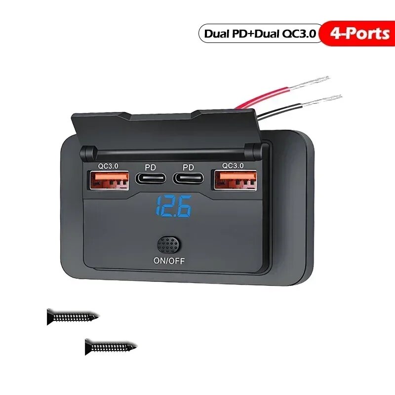 2026 Модернизированная розетка 12 В/24 В RV USB с двумя портами QC3.0 USB-A и Type-c USB-C Автомобильное зарядное устройство Панель розеток для автомобиля Лодка Морской грузовик Автобус HY-4Ports-HotSale