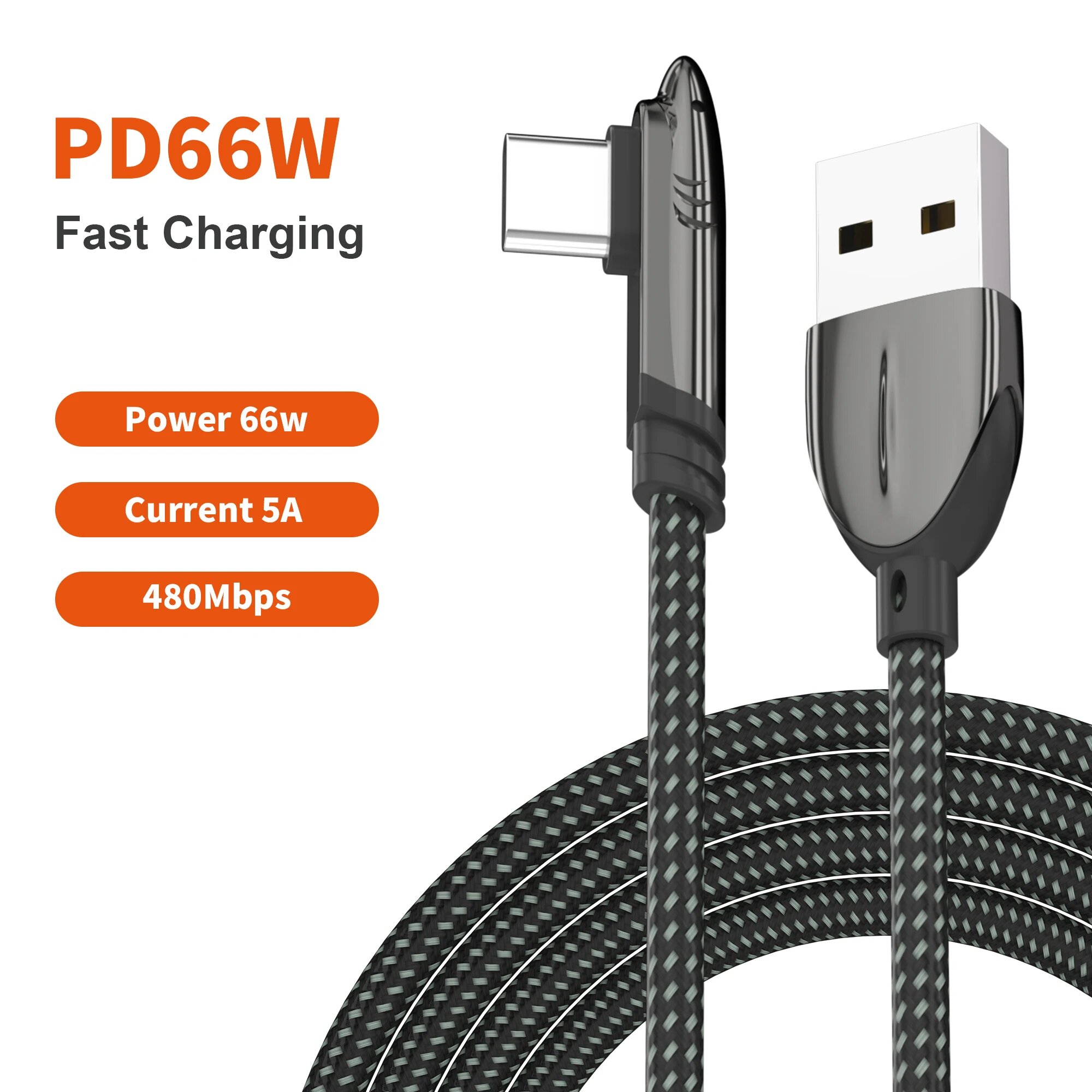 Угловой кабель USB A — Type C, 90 градусов, 66 Вт, быстрая зарядка для телефонных игр, совместимый с кабелем USB C iPhone Xiaomi Samsung 1,8 м