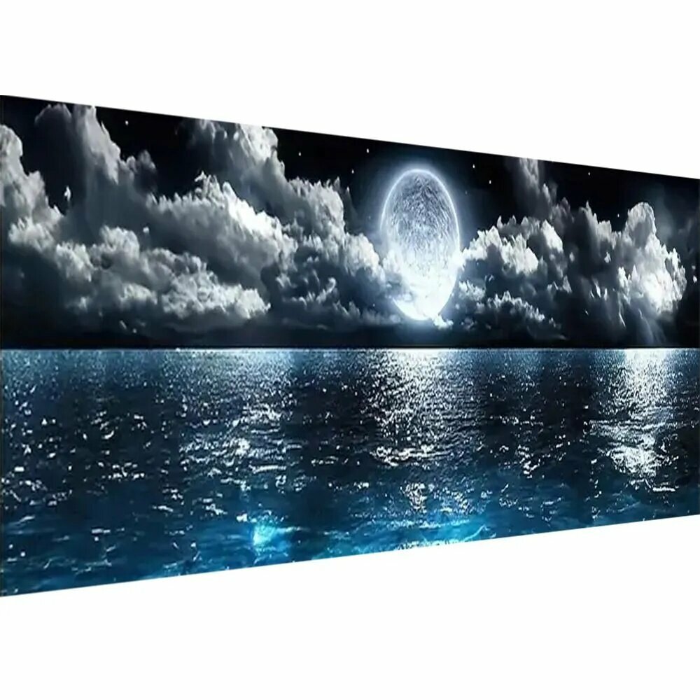 Алмазная мозаика "Яркая луна на море" / Алмазная вышивка / Круглая картина стразами Полная выкладка 140х50 см размер холста, 135х45 см размер картины(без подрамника, без рамки)