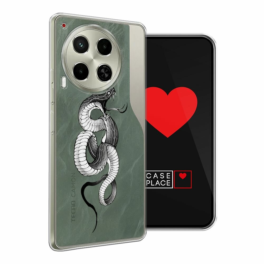 Чехол на Tecno Camon 30 5G / Текно Камон 30 5G с принтом Монохромная змея рисунок, прозрачный — фото 1
