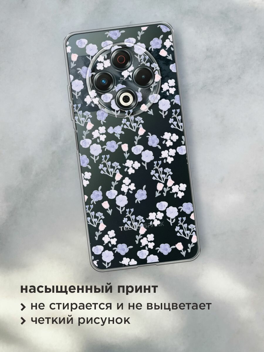 Чехол на Tecno Spark 30 / Текно Спарк 30 с принтом "Сиреневые розы паттерн", прозрачный — фото 1
