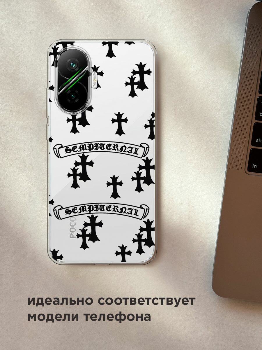 Чехол на Poco F7 / Поко F7 с принтом "Кресты паттерн чёрный", прозрачный — фото 1