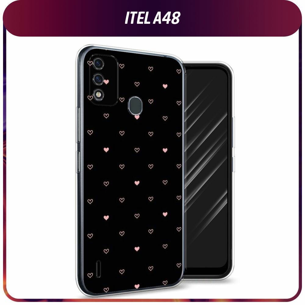 Чехол на Itel A48 / Ител А48 с принтом "Черный фон и сердечки"
