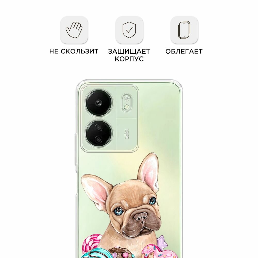 Чехол на Xiaomi Redmi 13C/Poco C65 / Сяоми Редми 13C/Поко С65 с принтом "Бульдог и сладости", прозрачный — фото 1