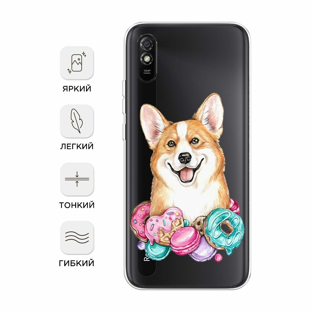 Чехол на Xiaomi Redmi 9A / Сяоми Редми 9А с принтом "Корги и сладости", прозрачный — фото 1