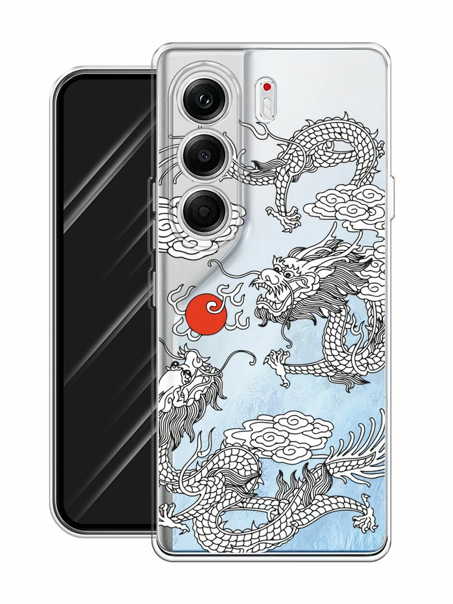 Чехол на Tecno Camon 40 Pro / Текно Камон 40 Про с принтом "Драконы и Солнце", прозрачный — фото 1