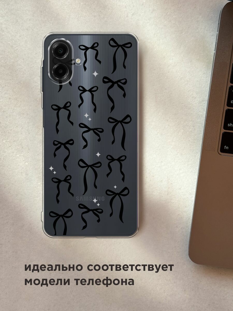 Чехол на Samsung Galaxy A07 / Самсунг А07 с принтом "Black bows", прозрачный — фото 1