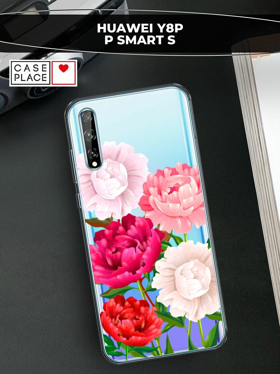 Чехол на Huawei Y8p/P Smart S / Хуавей Y8p/P Smart S с принтом "Большие пионы", прозрачный