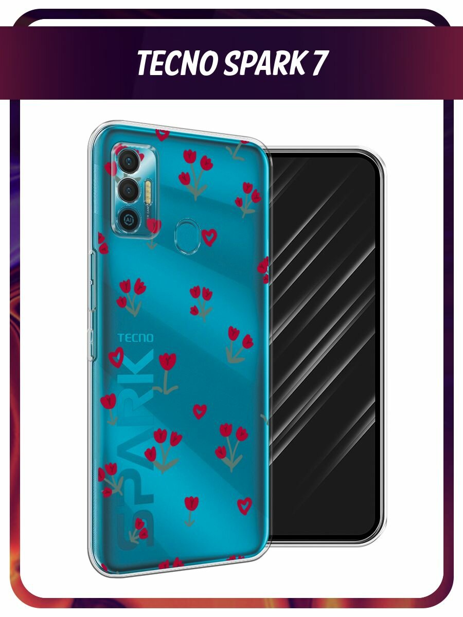 Чехол на Tecno Spark 7 / Техно Спарк 7 с принтом "Красные тюльпанчики", прозрачный