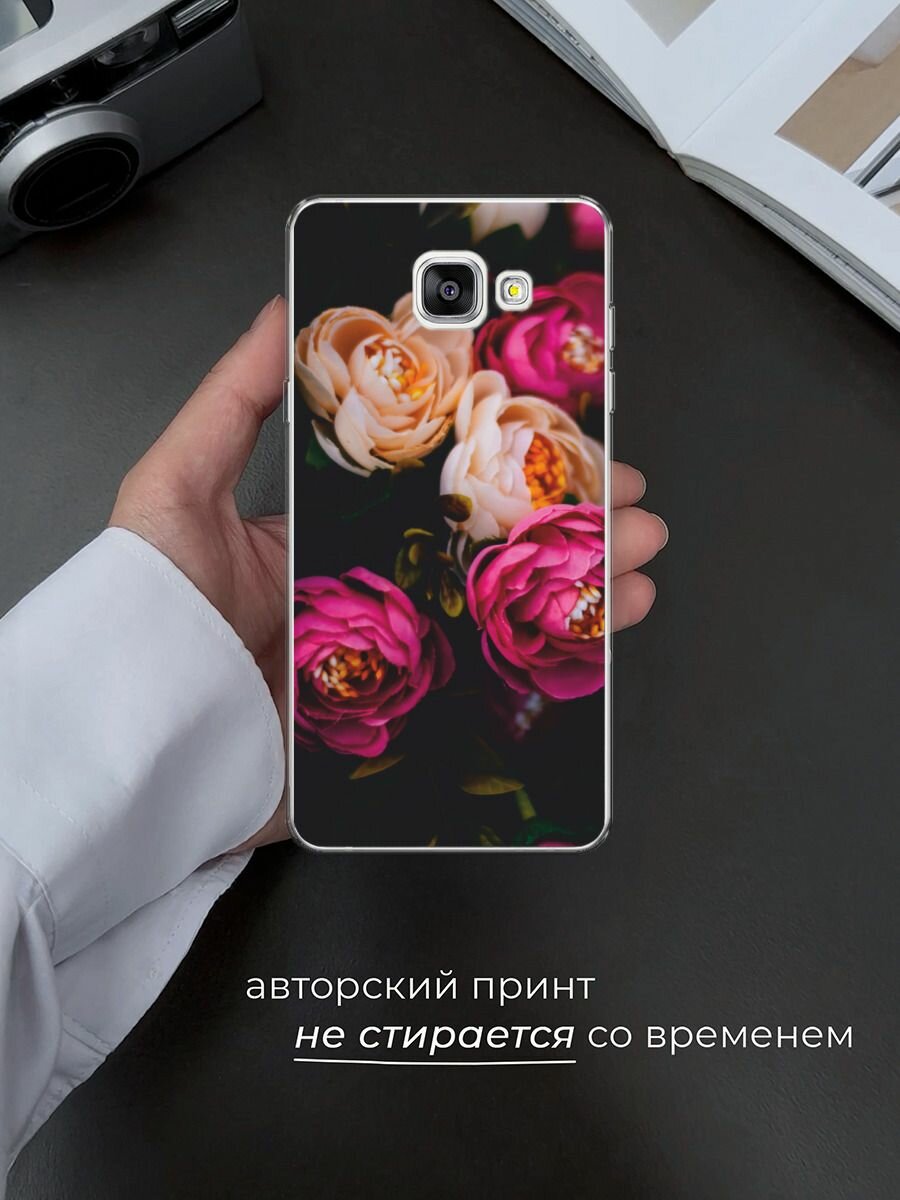 Чехол на Samsung Galaxy A5 2016 / Самсунг Галакси А5 2016 с принтом "Розовые пионы на черном" — фото 1