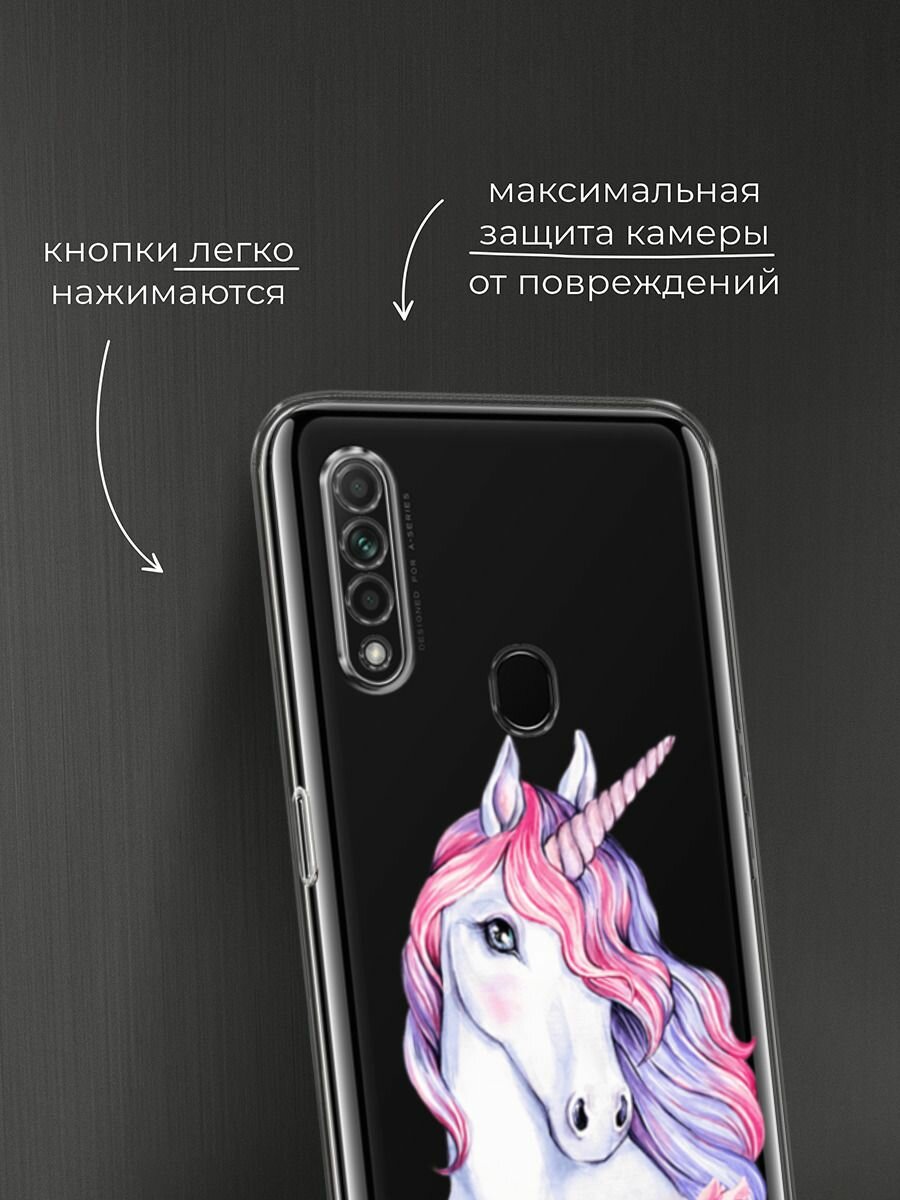 Чехол на Oppo A31 / Оппо А31 с принтом "Единорог с пионами", прозрачный — фото 1