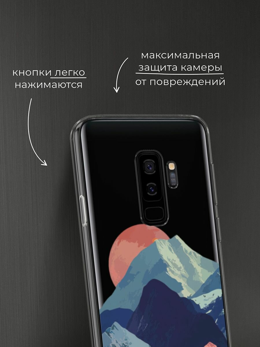 Чехол на Samsung Galaxy S9 + / Самсунг Галакси С9 Плюс с принтом "Закат в снежных горах", прозрачный — фото 1