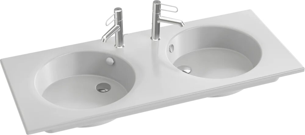 Мебельная раковина Jacob Delafon Odeon Rive Gauche EXAT112-Z-00 121 накладная, двойная, фаянсовая, на 2 смесителя, со встроенным сливом-переливом, белая, раковина для ванной, прямоугольная