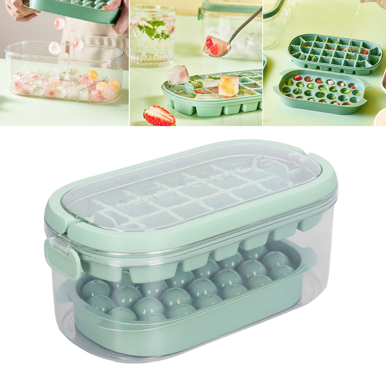2 противня Круглые квадратные лотки для кубиков льда с крышкой и контейнером для морозильной камеры Формы для кубиков льда с лопаткой Изготовление 54 кубиков льда [жесткое основание] Набор из 2 слоев свежего зеленого цвета