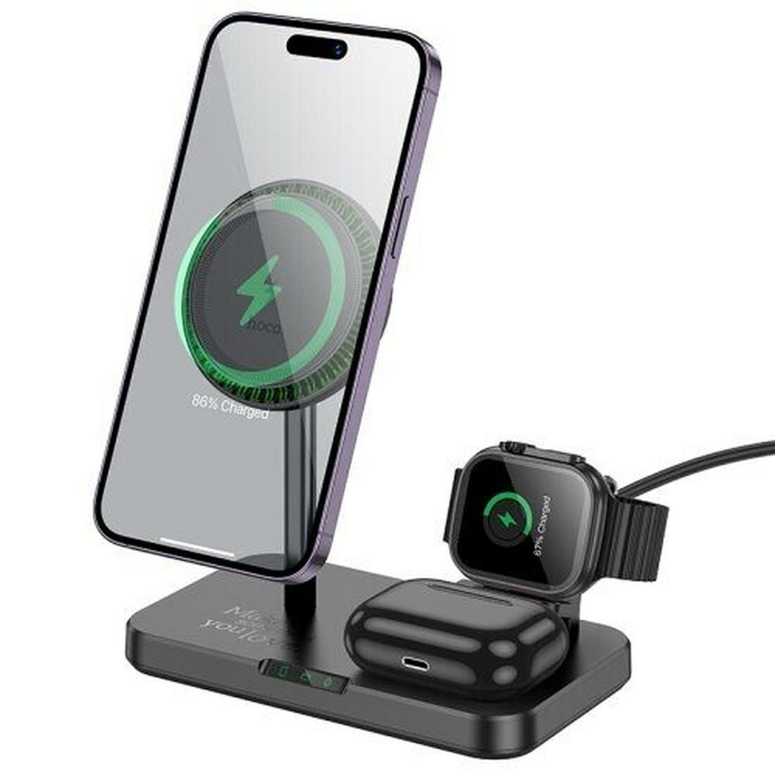 Беспроводная зарядка Hoco CQ12 Joyfull 3-in-1 wireless fast charger - Black