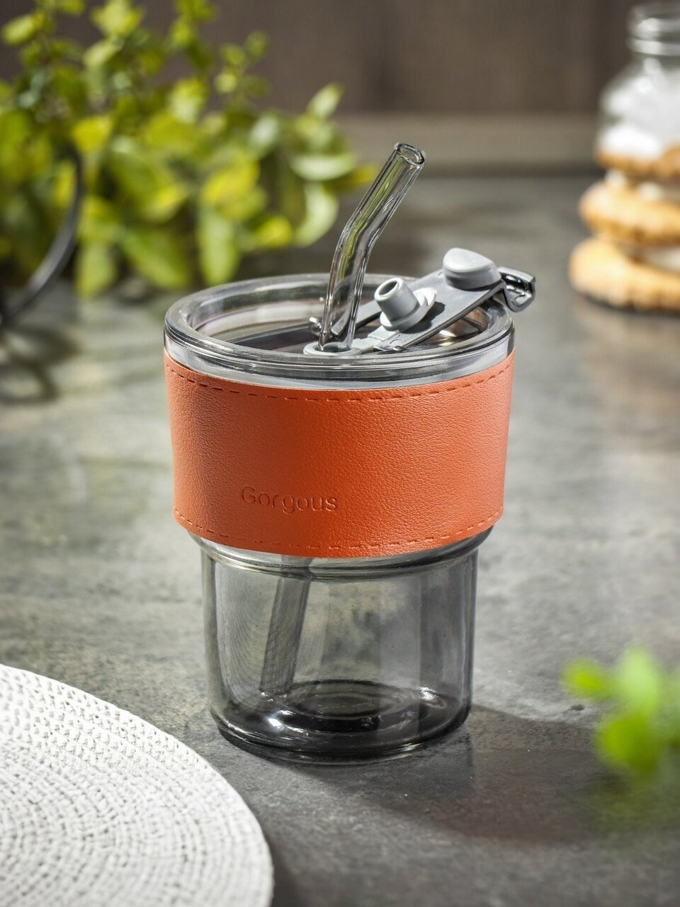 Стакан 350 мл стеклянный с трубочкой Y6-10238, современный стиль