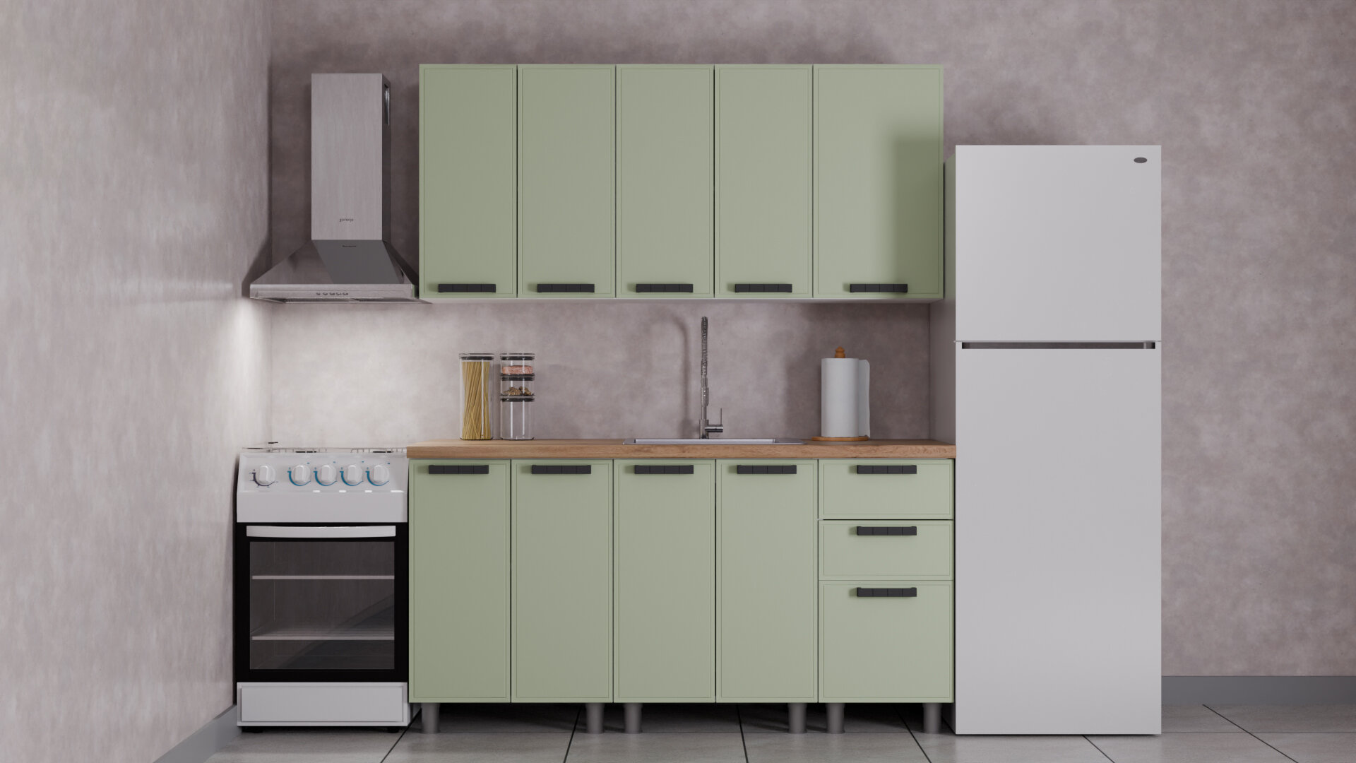 ARNIKA Кухонный гарнитур Магнолия 1,6м Фисташка/Фисташка, черный, без столешницы