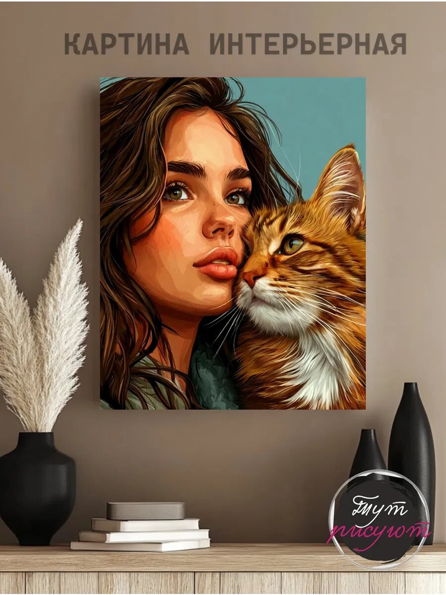 Картина интерьерная на стену, Постер Девушка и кот 40х50 см.