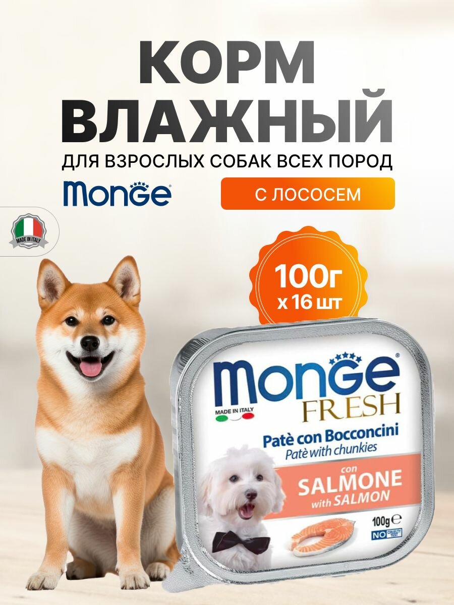 Monge Dog Fresh Pate Нежный паштет для собак из свежего лосося, 100 г х 16 шт