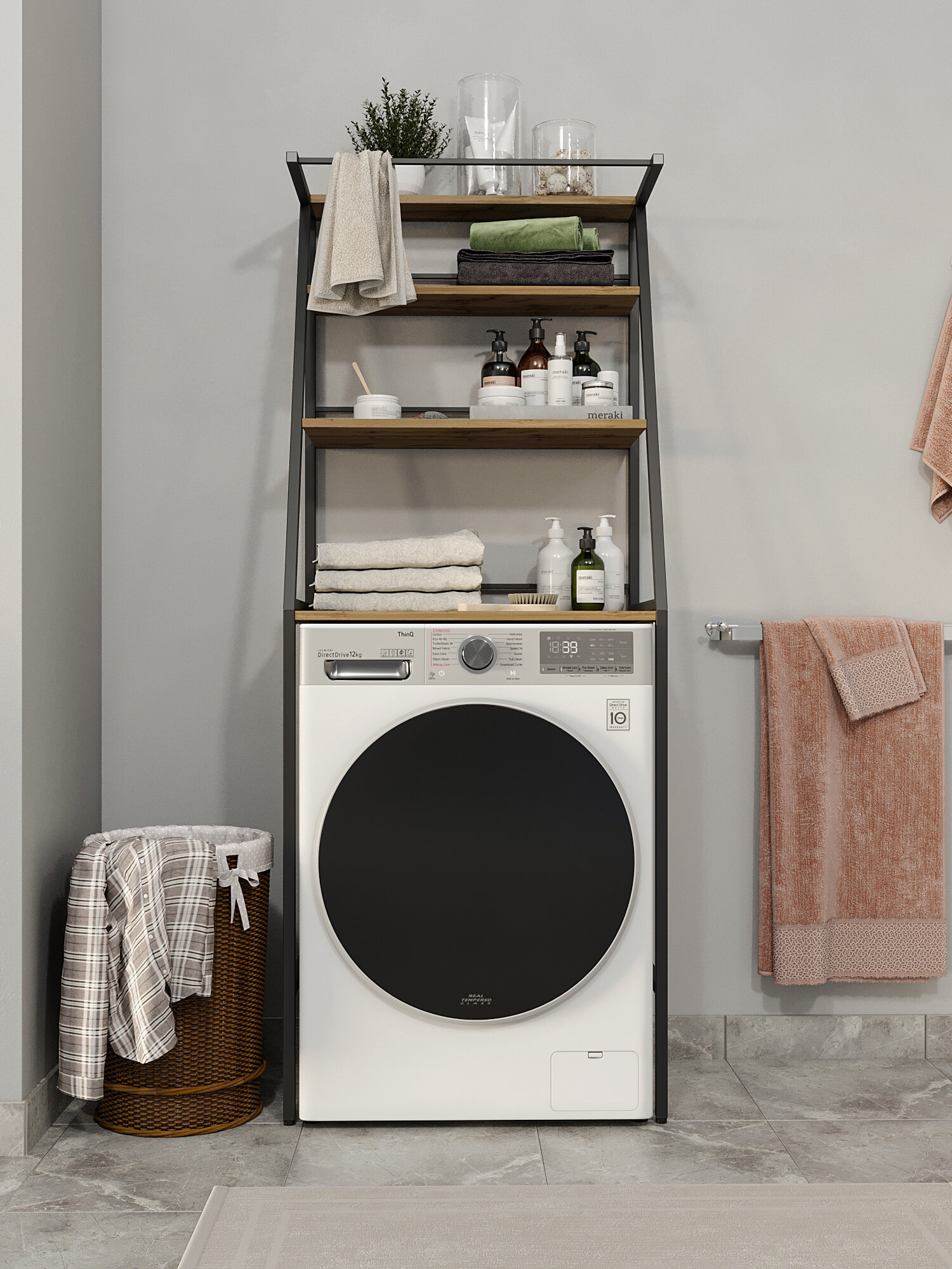 Стойка над стиральной машиной, узкая, функциональная, черный/вотан