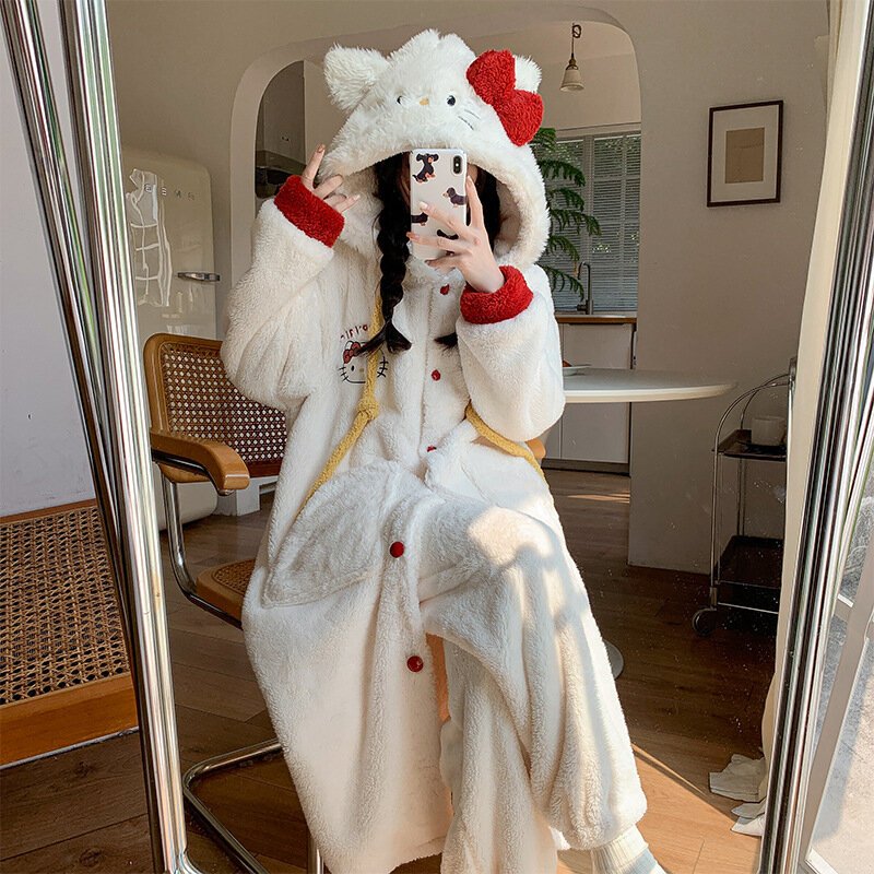 Милый флисовый халат Hello Kitty кораллового цвета для женщин, зимний комплект с капюшоном на флисовой подкладке, толстый, теплый, мягкий, с рисунком из мультфильма, для дома, размер：L