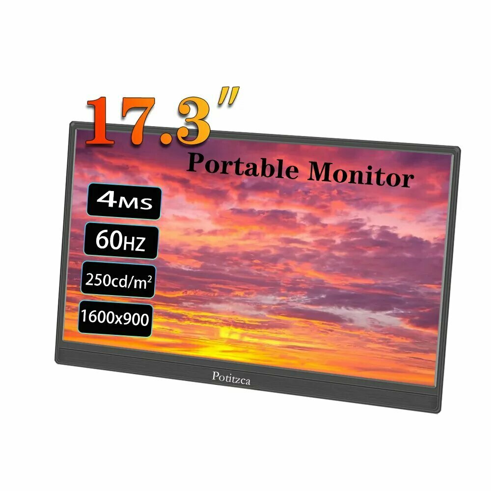 17,3-дюймовый портативный монитор HD со встроенными динамиками, невидимой подставкой, Plug and Play, для геймеров ПК, ноутбуков, мобильных телефонов, 17.3 Inch 1600x900