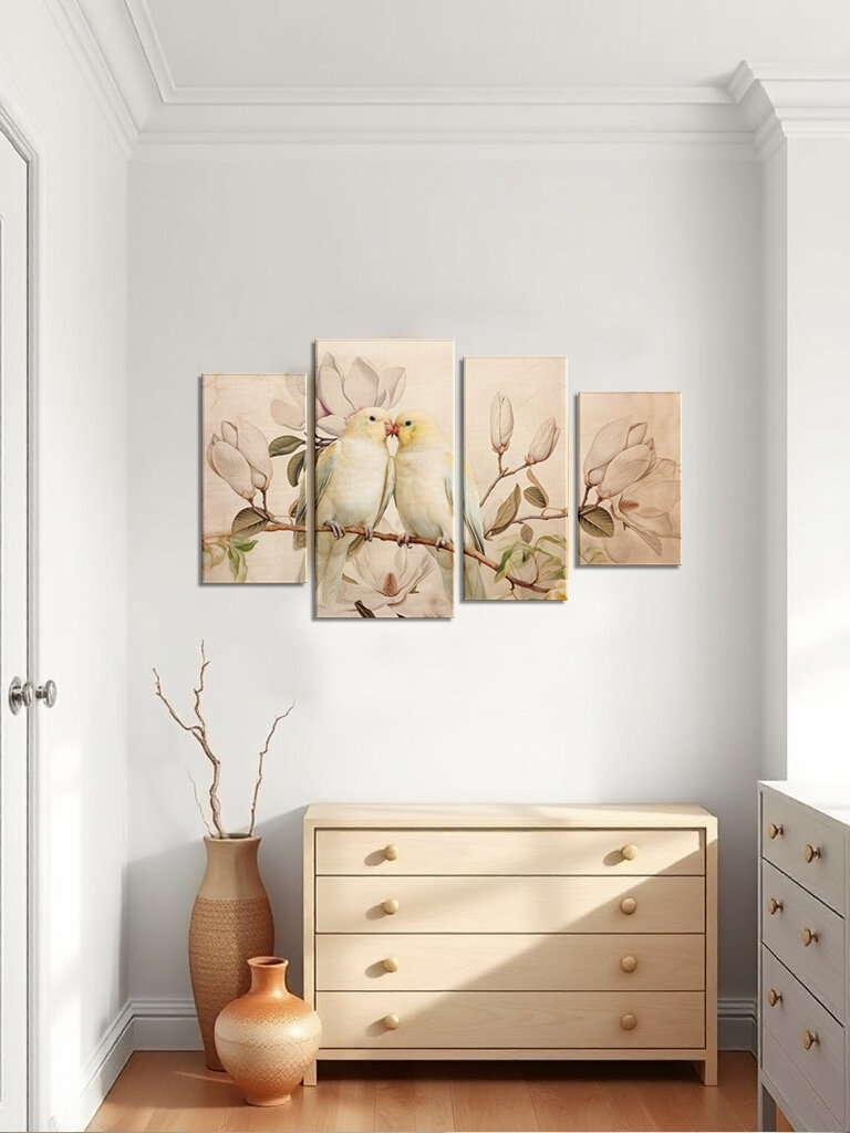 Картина модульная 130х80 см на стекле для интерьера/ Влюбленные попугайчики, Diva Kartina