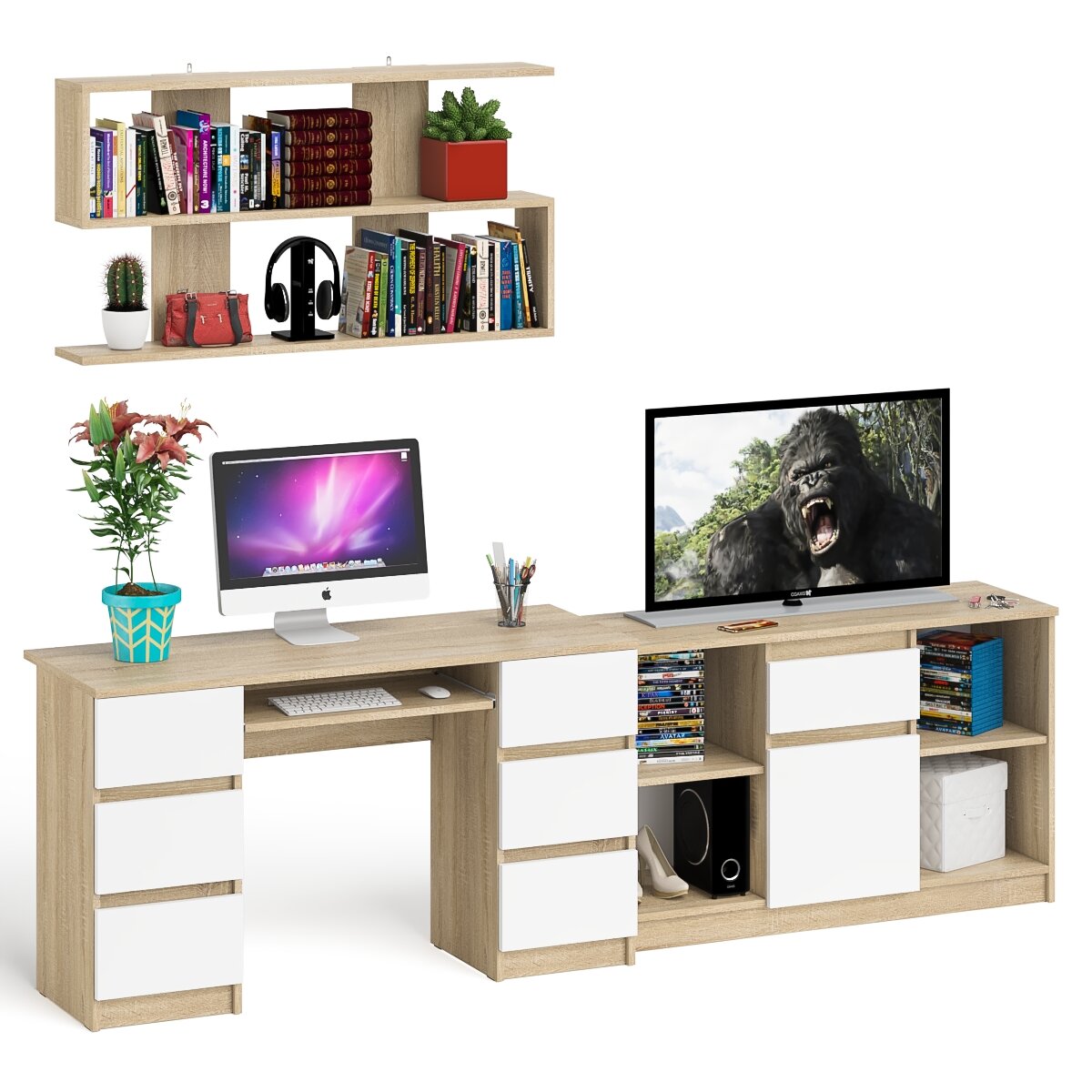 Стол письменный двухтумбовый Мори МС-2 с навесной полкой и тумбой под ТВ, дуб сонома/белый, 255,8х50х209,6 см.