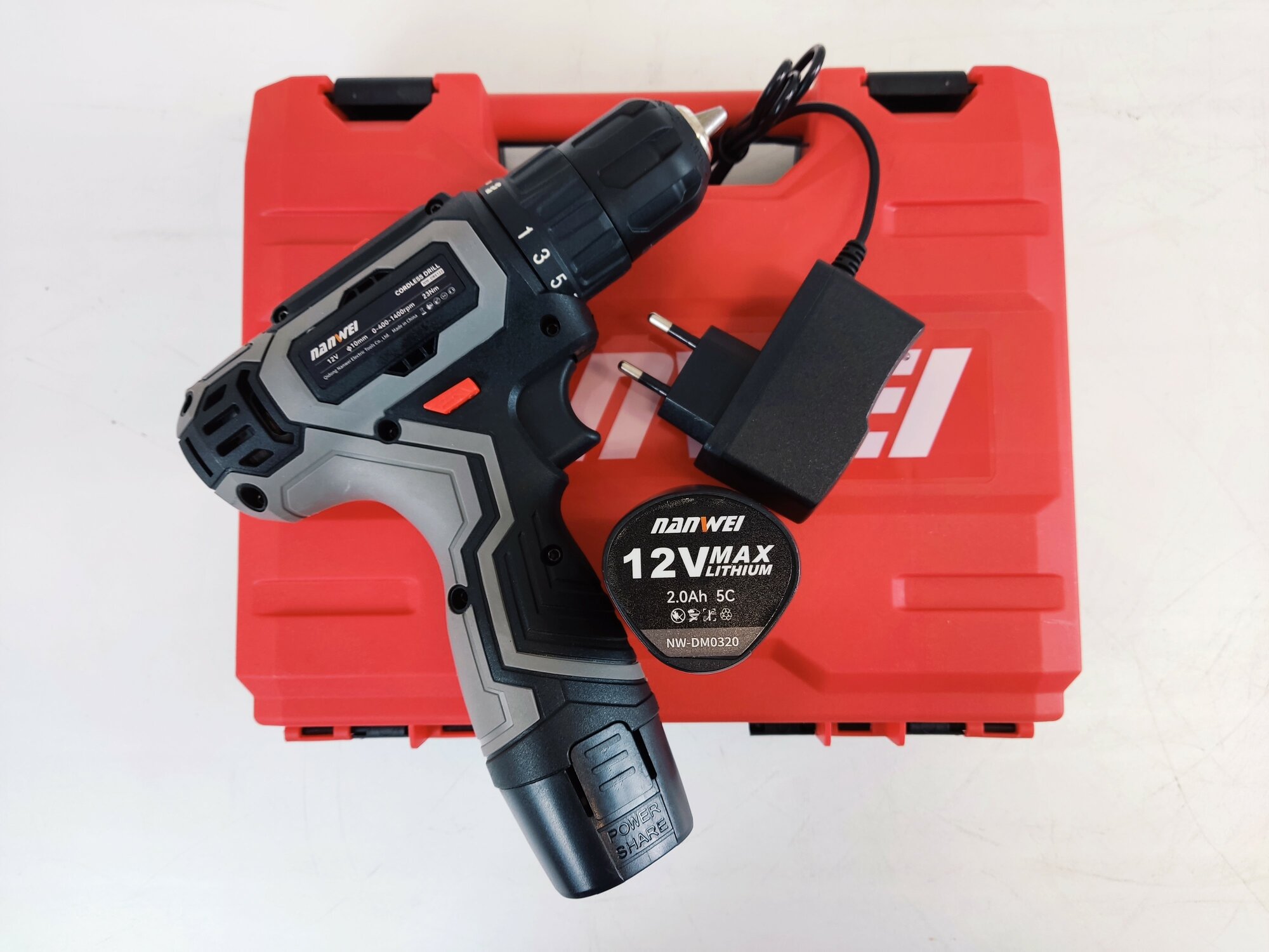 Шуруповерт Nanwei NW-D5122-12, аккумуляторный, с кейсом, 2 аккумулятора, 12 В