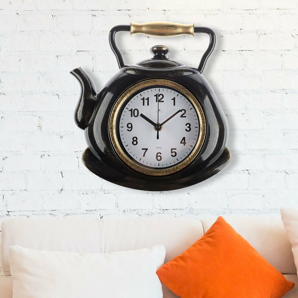 Часы настенные с корпусом чайник, черный с золотом, оригинальный дизайн, кварцевый механизм, 27х28,5см