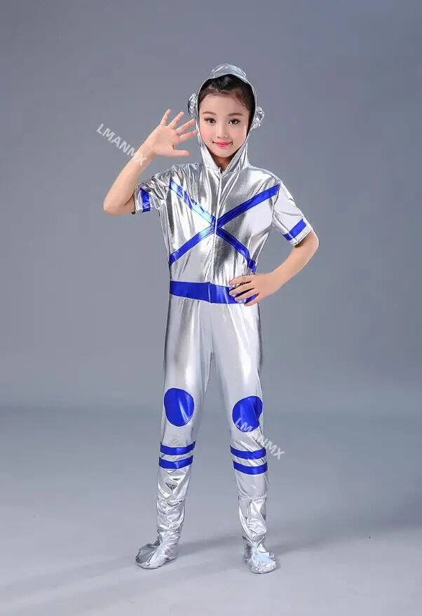 Детский косплей костюм робот/космонавт серебристый/синий L, Silver Short sleeve