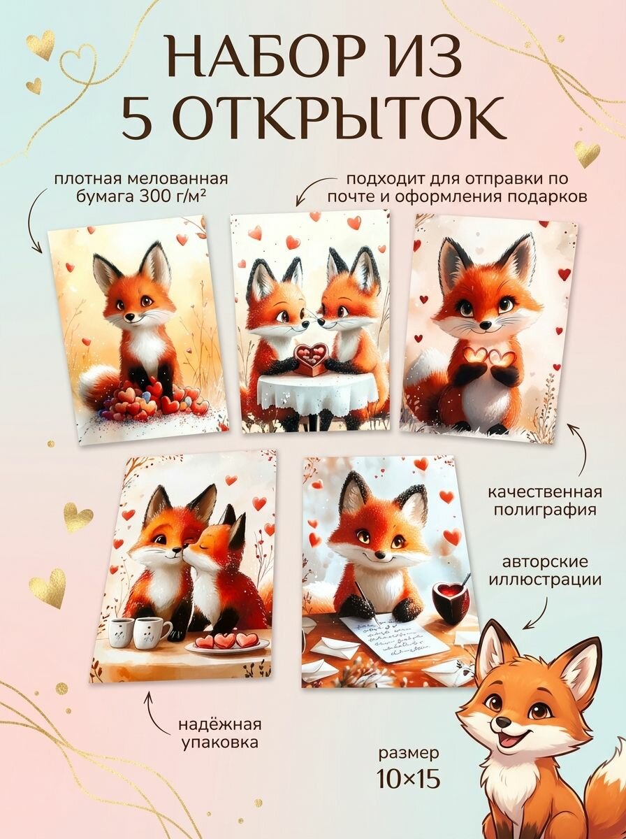Лисы и сердечки: набор милых винтажных открыток для посткроссинга, на 8 марта и 14 февраля