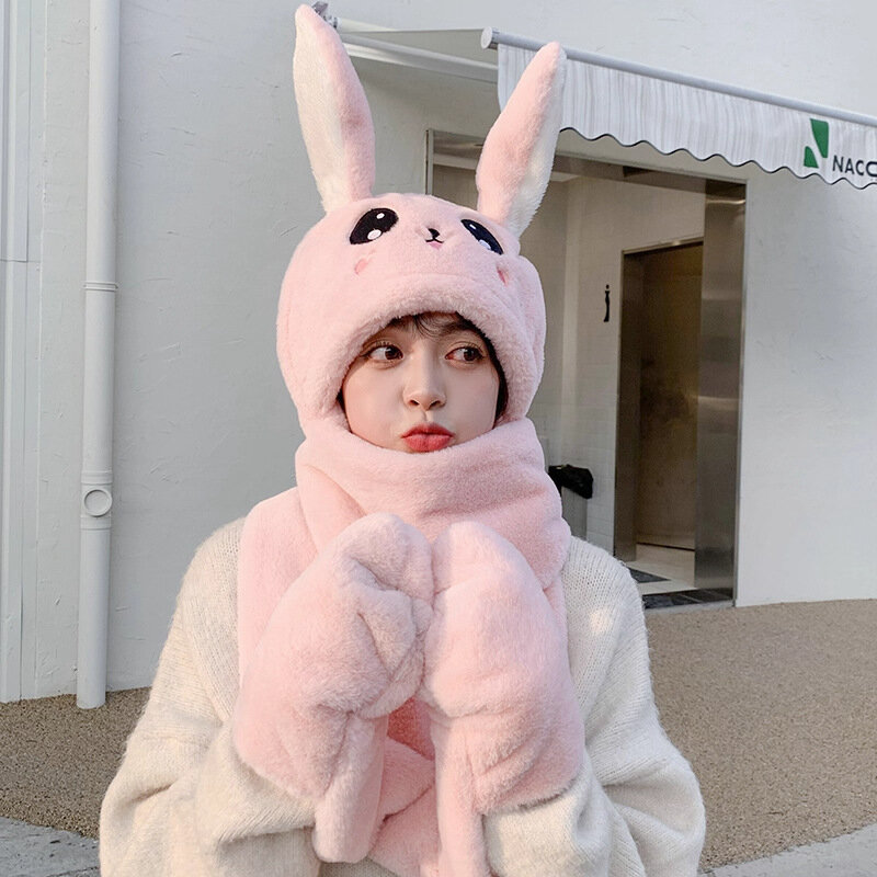 Детская шапка, осенне-зимняя женская шапка и шарф с подвижными ушками кролика, новый милый шарф 2025 года для мальчиков и девочек