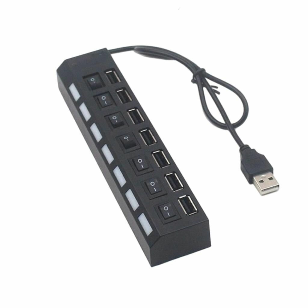 USB-разветвитель 7 портов с независимыми переключателями и блоком питания, Черный