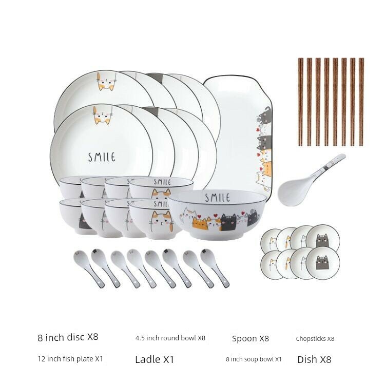 Кошачья тематика керамическая посуда, круглая форма, 8 персон, 43 предмета, современная кухонная посуда для дома