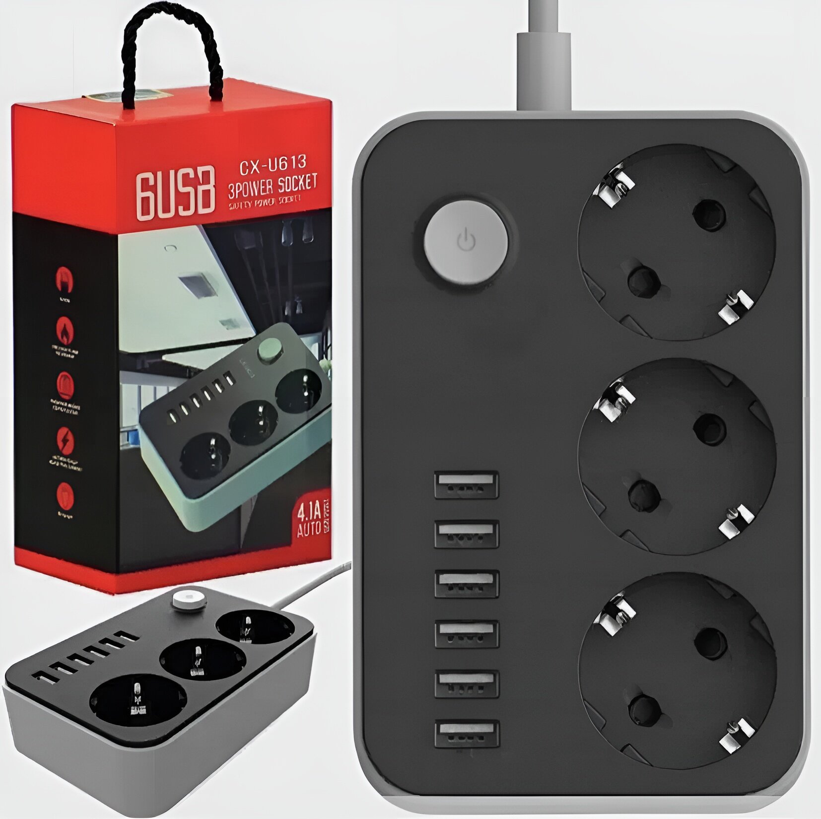 Сетевой фильтр с защитой и смарт USB зарядкой, 3 розетки 6 USB, Удлинитель, Адаптер с предохранителем
