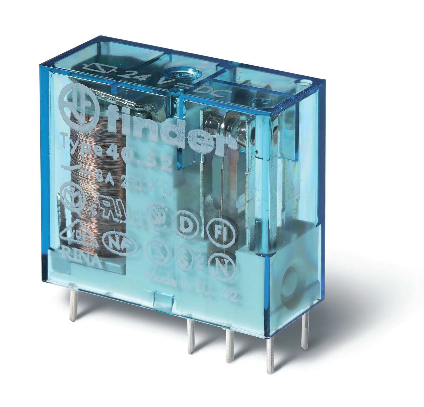 Реле электромеханическое FINDER универсальное миниатюрное, на печатную плату, в розетку, выводы с шагом 5 мм, 2CO 8A, контакты AgNi, катушка 24В DC, высокой чувствительности, RTII