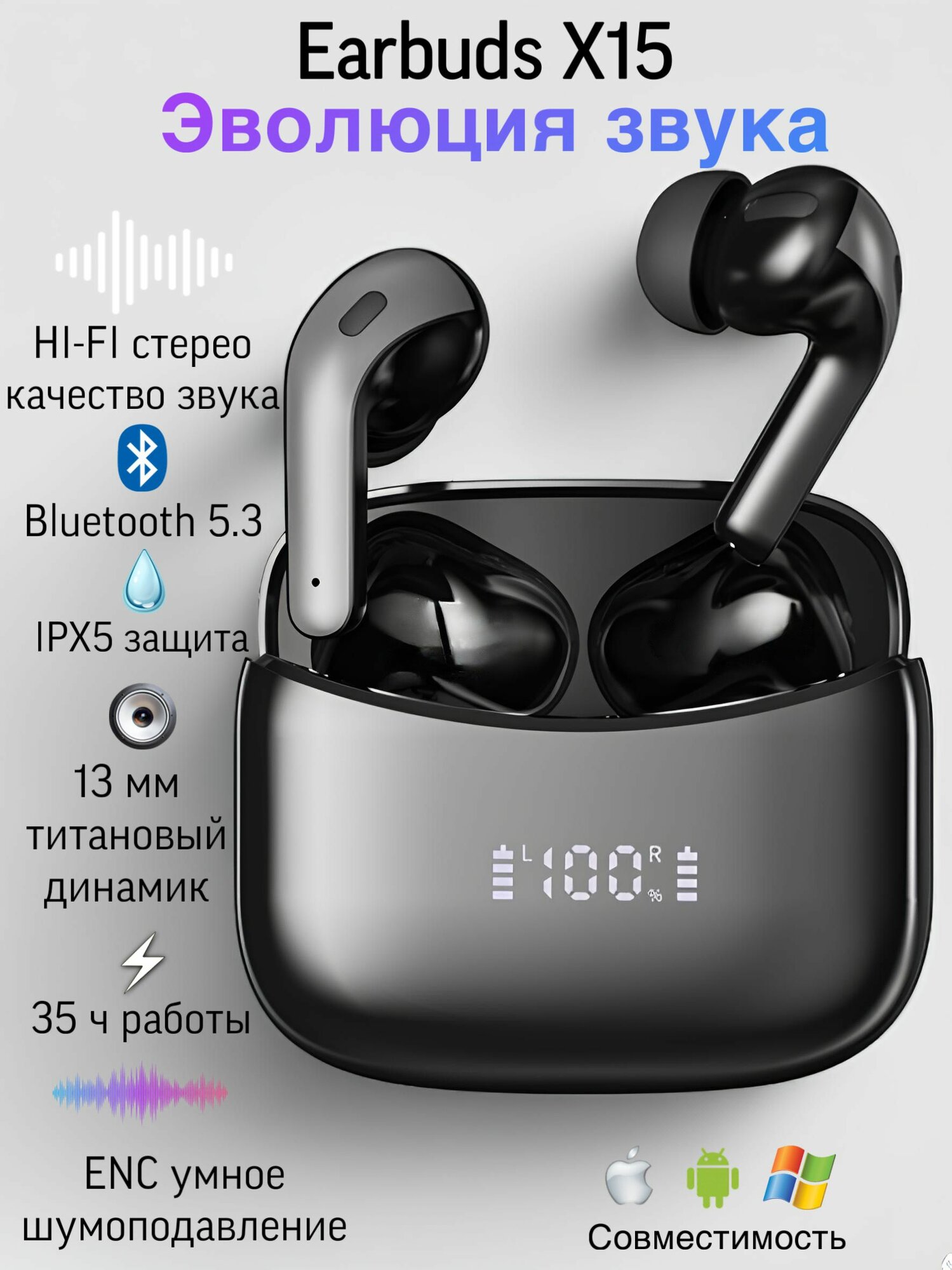 Беспроводные наушники Earbuds с активным шумоподавлением ANC, Bluetooth, с микрофоном, для телефона