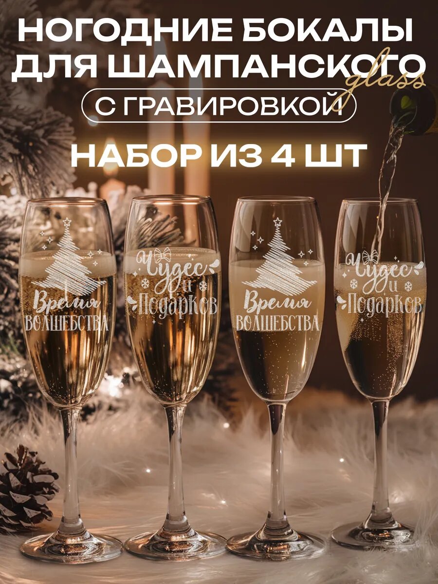 Новогодние бокалы для шампанского с рисунком подарков